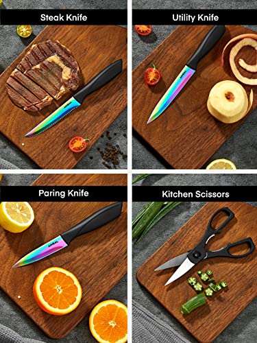 Aiheal Knife Set, 16 Pieces High Carbon Stainless Steel Rainbow Color Kitchen Knife Set, Titanium Coating Blade, No Rust and Super Sharp Cutlery Knife Set with Acrylic Stand and Kitchen Scissors, Gift