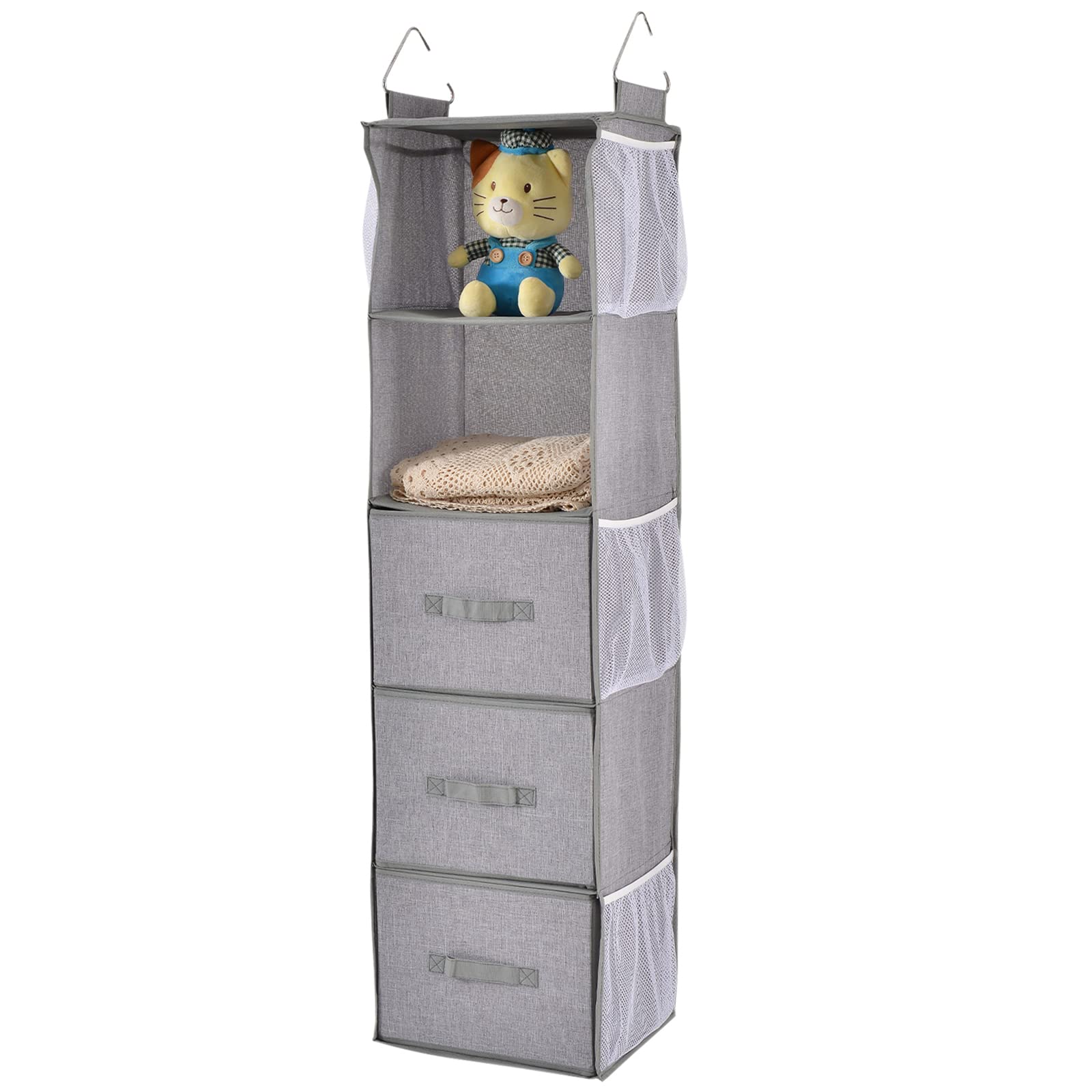 FOKICOS Hanging Closet Organizer 5 Shelf Storage Shelves with 3 Divisible Drawer Washable No Cardboard for Clothes Grey