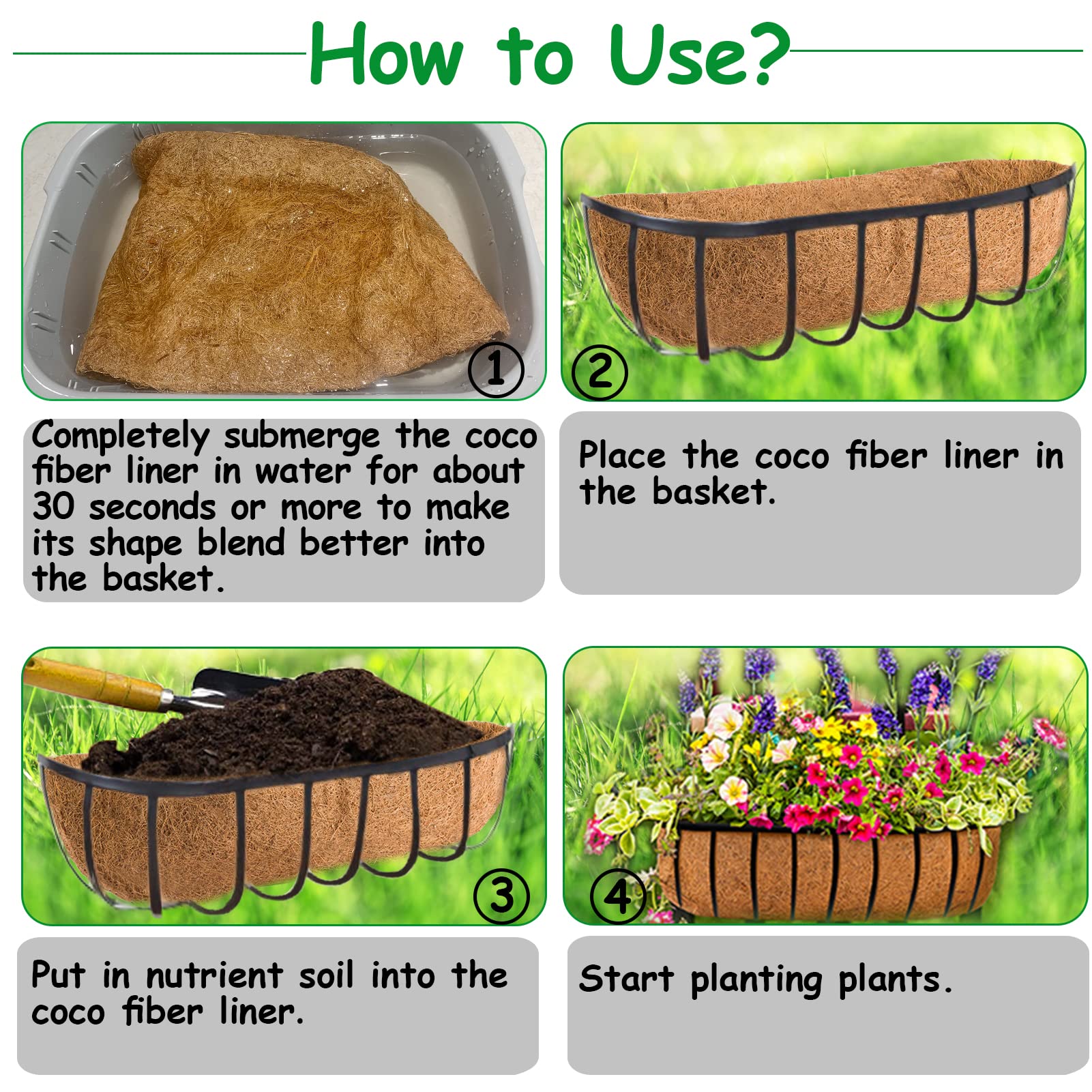 ANPHSIN 3 Pack Coco Liners for Window Planter Box - 24 Inch 100% Natural Coconut Coir Fiber Liner Replacement for Deck Flower Box, Garden Railing Fence Trough, Wall Planter Basket, Vegetables Pot