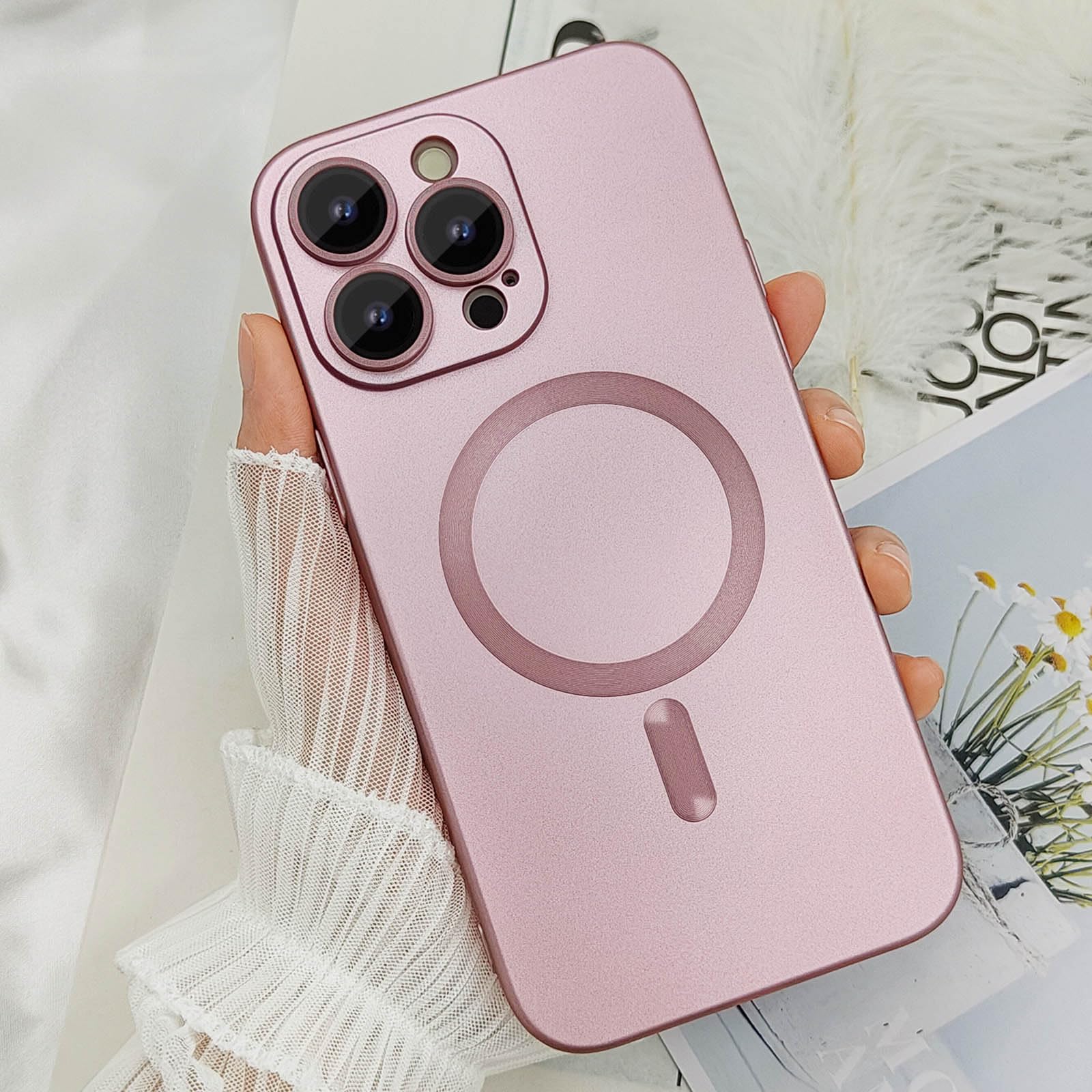 ankofave Magnetic case for iPhone 14 Pro Max Phone Case for Women, Matte Luxury Soft Metallic Luster Design with Camera Lens Protector, Compatible with Magsafe Case for iPhone 14 Pro Max 6.7"-Pink