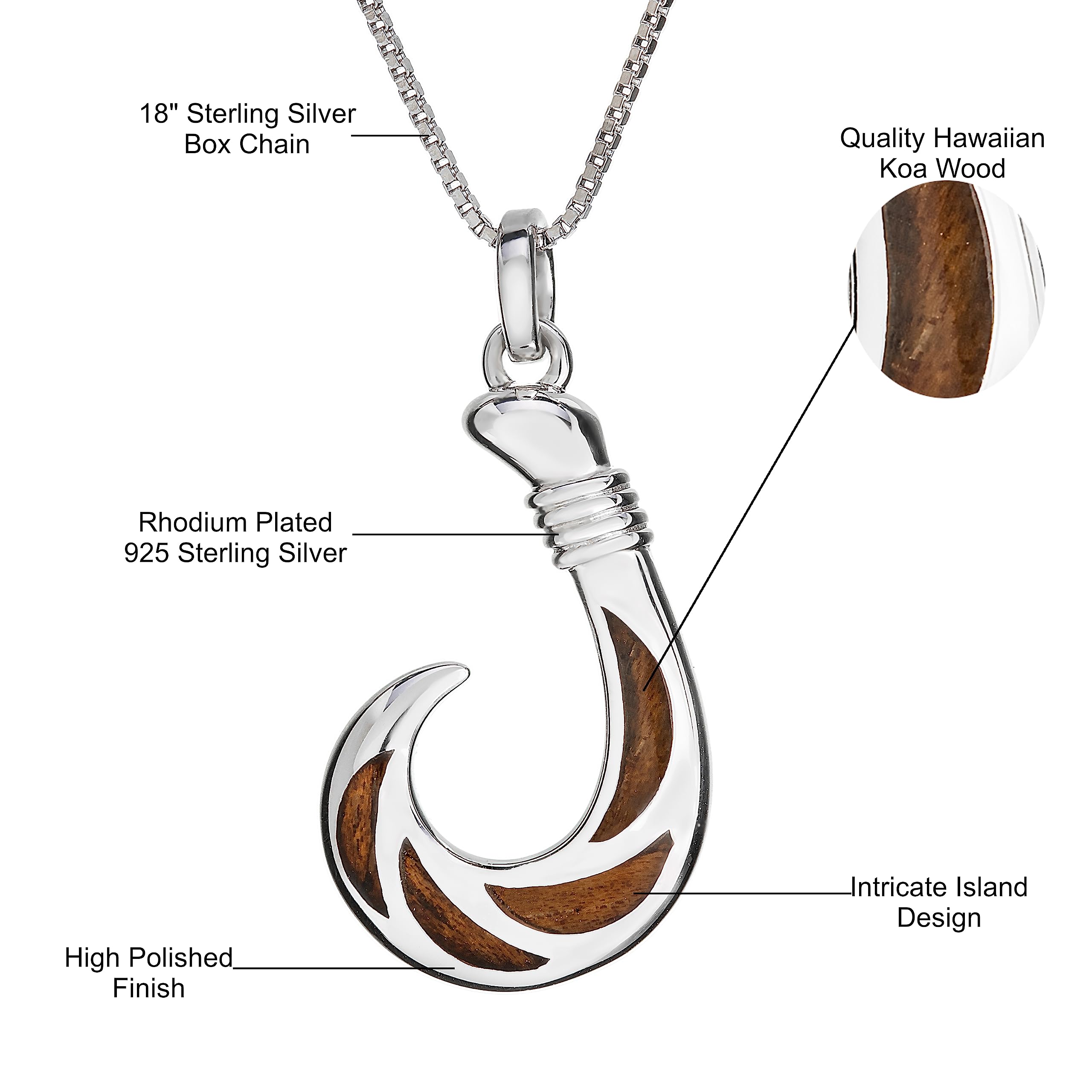 925 Sterling Silver Hawaiian Koa Wood Tree Inlay Fish Hook Necklace Pendant with 18" Box Chain, Nickle Free Hypoallergenic for Sensitive Skin, Gift Box Included (Koa Wood - Moana)