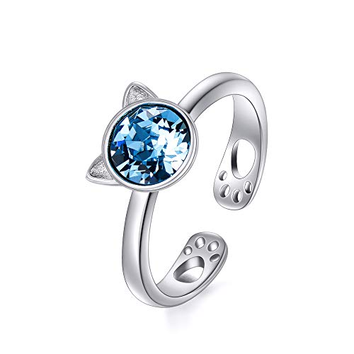 AOBOCO 925 Sterling Silver Cute Kitty Cat Open Wrap Ring Adjustable Stacking Animal Bands Ring with Hollow Out Cat Paws and Created Blue Aquamarine Austrian Crystal