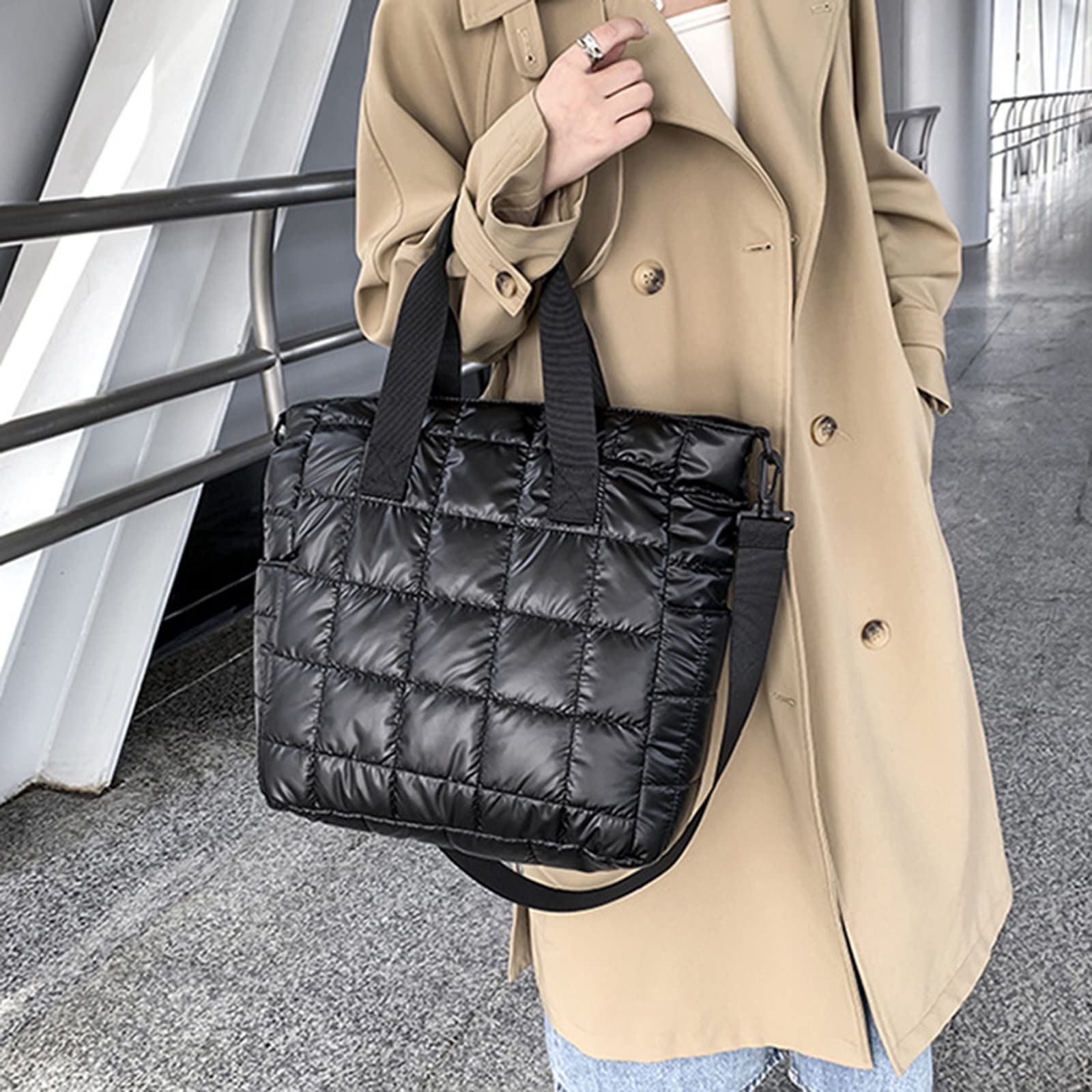 Beach Bags For Women Women's Bags Solid Color Plaid Quilted Bag Large Capacity Zipper Shoulder Bag (Black, One Size)