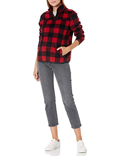 Amazon Essentials Women's Polar Fleece Long-Sleeve Mock Neck Relaxed-Fit Popover Jacket with Pockets, Black Red Buffalo Plaid, X-Large