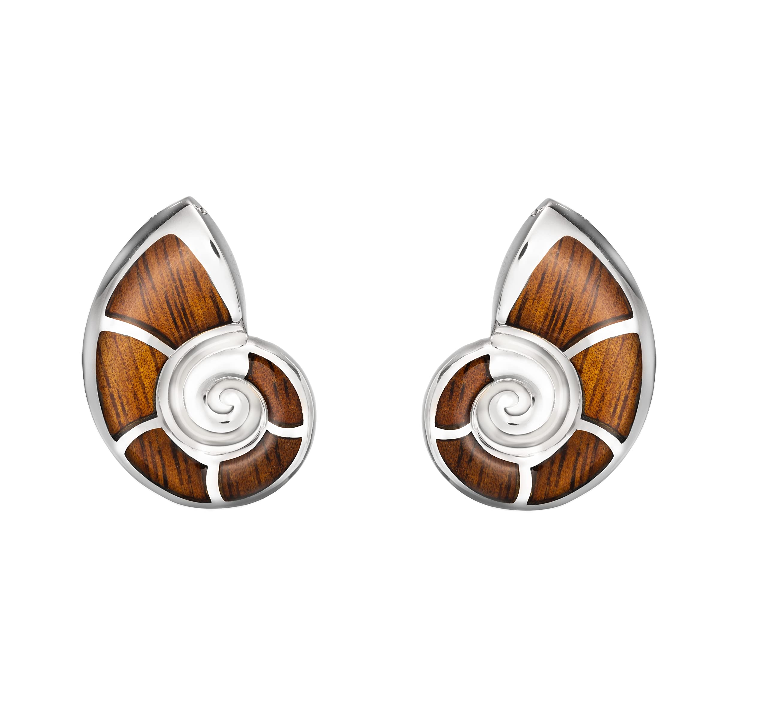 925 Sterling Silver Hawaiian Koa Wood Inlay Nautilus Sea Shell Stud Earrings, Hawaii Ocean Jewelry, Nickle Free Hypoallergenic for Sensitive Skin