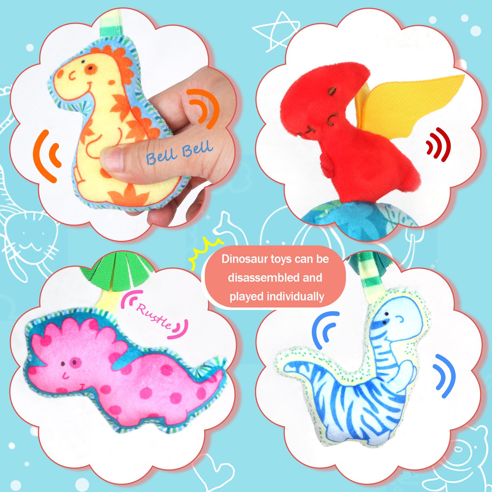 Baby Car Seat Toys for Crib and stroller with squeak and mirror (Dinosaur)