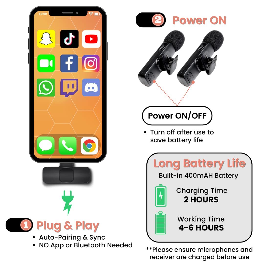 APLIXZI Wireless Lavalier Microphone for iPhone, iPad, Android & Laptop (Set of 2), 2.4GHz Mini Microphone for Video Recording, YouTube, TikTok, Vlogging, Interviews, Plug and Play, Noise Reduction