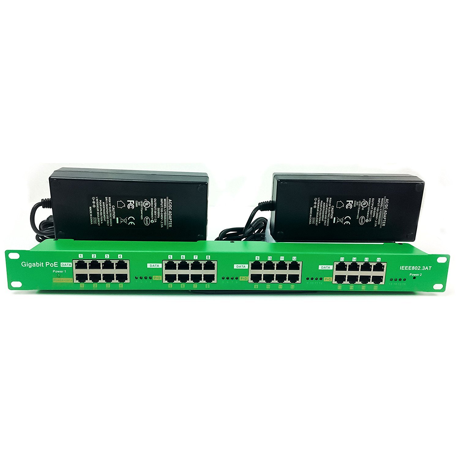 PoE Texas 16 Port 802.3at Gigabit On-Demand PoE Injector with Two 56V 120W Power Supplies for PoE Cameras, IP Phones, WiFi Access Points and More