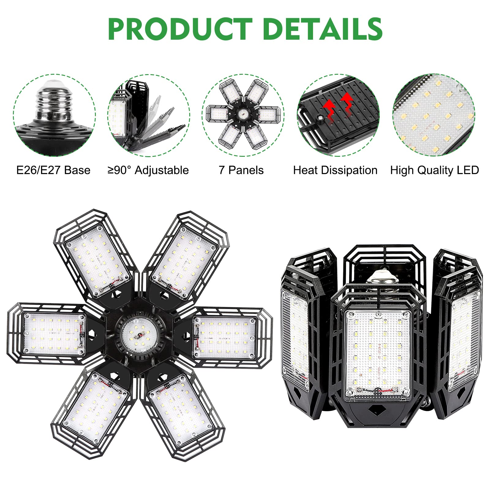 AILUKI LED Garage Light 2 Pack 160W E26 1600LM Deformable Led Garage Ceiling Lights 6500K Daylight White with 6 Adjustable Panels for Garage, Barn, Workshop,Warehouse