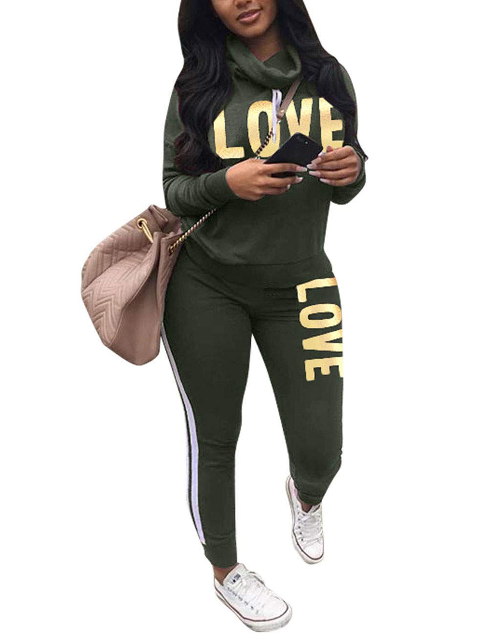 Angsuttc Women's Letter Print 2 Piece Outfit Cowl Neck Long Sleeve Sweatshirt and Pants Joggers set Tracksuit Army Green XX-Large