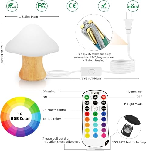 ANGTUO Wooden Mushroom Lamp, 16 Color Changing Mushroom Night Light, Adorable Mushroom Light with Two Remotes
