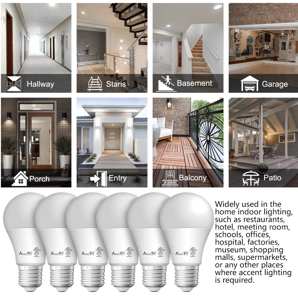 AmeriTop A19 LED Light Bulbs- 6 Pack, Efficient 9W(60W Equivalent) 830 Lumens General Lighting Bulbs, UL Listed, Non-Dimmable, E26 Standard Base (5000K DayLight)