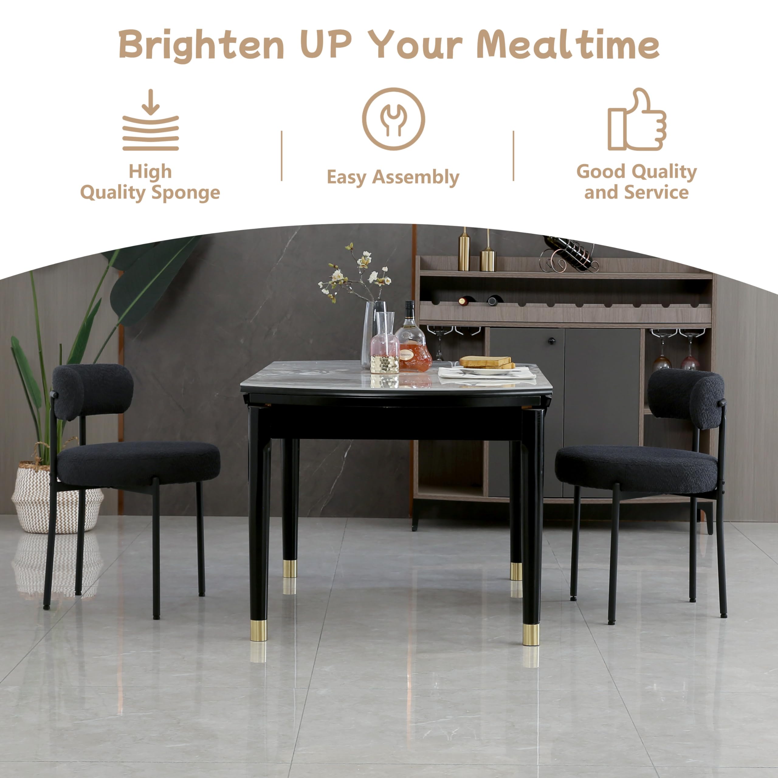 AISALL Black Dining Chairs Set of 2 Round Upholstered Boucle Dining Room Chairs Mid-Century Modern Kitchen Chairs Curved Backrest Chairs for Dining Room Black Metal Legs