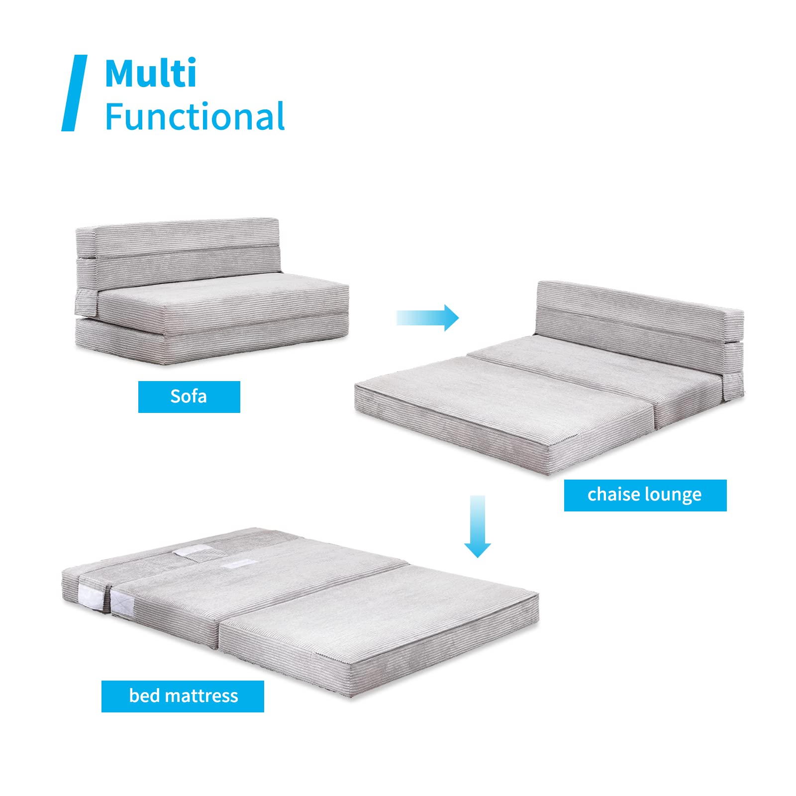 Mjkone Convertible Futon Sofa Bed, Floor Sofa Couch with Memory Foam, 3 in 1 Foldable Couch Bed, Pull Out Sleeper Sofa for Living Room/Apartment/Office (Gray, Full)