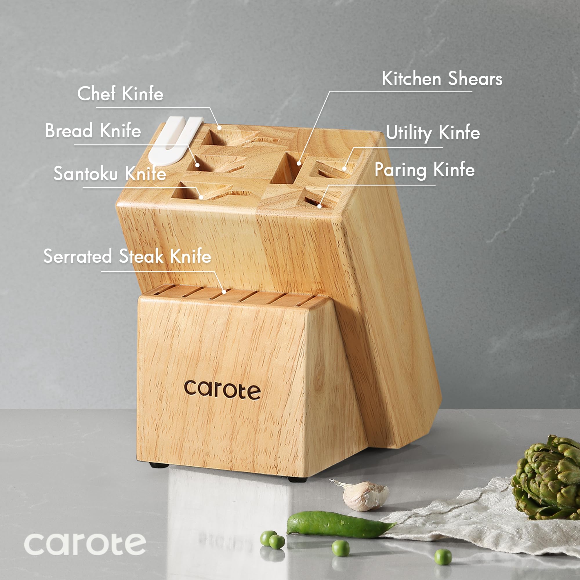 CAROTE 14PCS Kitchen Knife Set with Block, Stainless Steel Blade Knife Block Set, Knife Set with Built-in Sharpener, Razor-Sharp,White