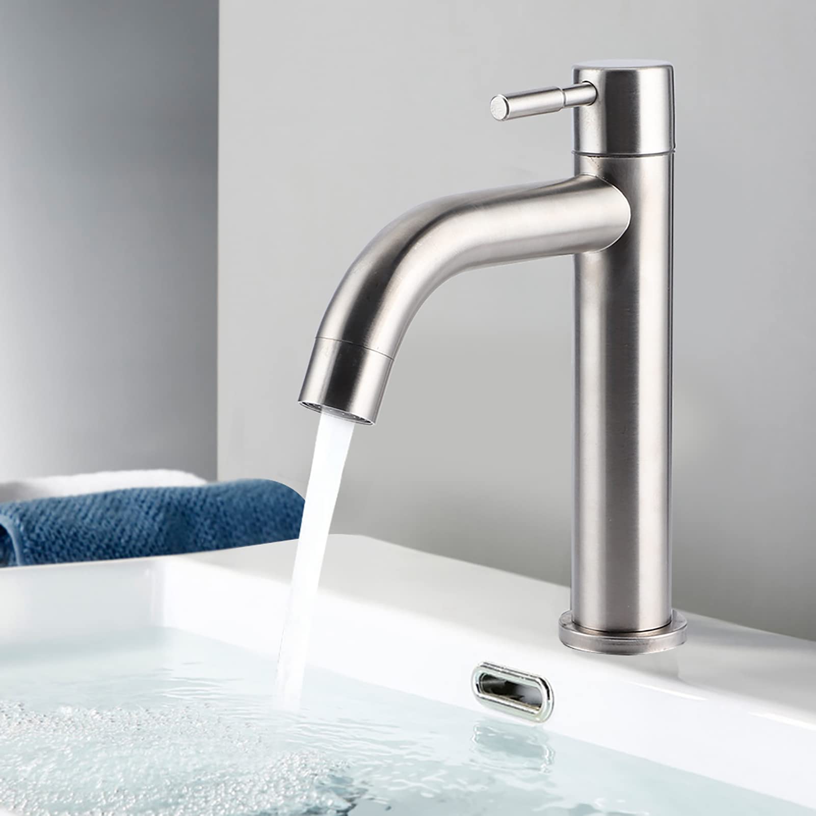 G1/2 Brushed Faucet, Stainless Steel Single Cold Faucet Wash Basin Water Tap Wrench Type Bathroom Faucet for Home Kitchen Bathroom Accessory (Cylinder Single Cold Faucet)