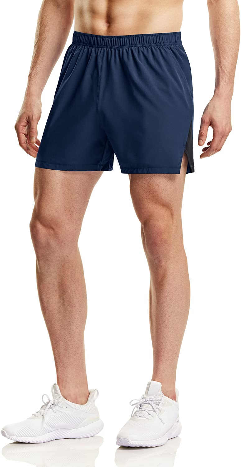 ATHLIO Men's Active Running Shorts, Exercise Workout Shorts, Quick Dry Mesh Sports Athletic Shorts with Pockets, 5 Inches Black/Navy, Large