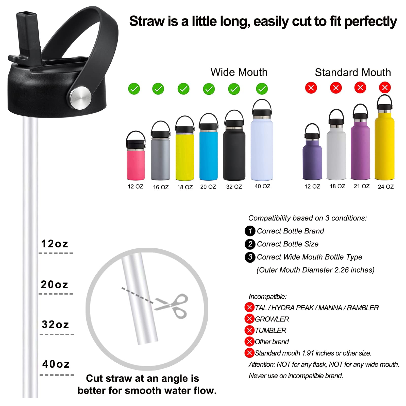 Aoitoque Straw Lid for Hydro Flask Wide Mouth, Lids with Straw for Hydro Flask 18oz 32oz 40oz Wide Mouth, Lids for Hydroflask Wide Mouth Straw Lid Top Straw Cap Hydroflask Wide Mouth Lid