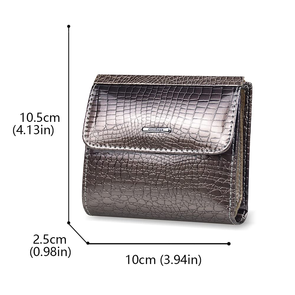 Dicihaya Women Small Compact Bifold Genuine Leather Wallet Ladies Mini Purse with ID Window Coin Pocket (Silver)