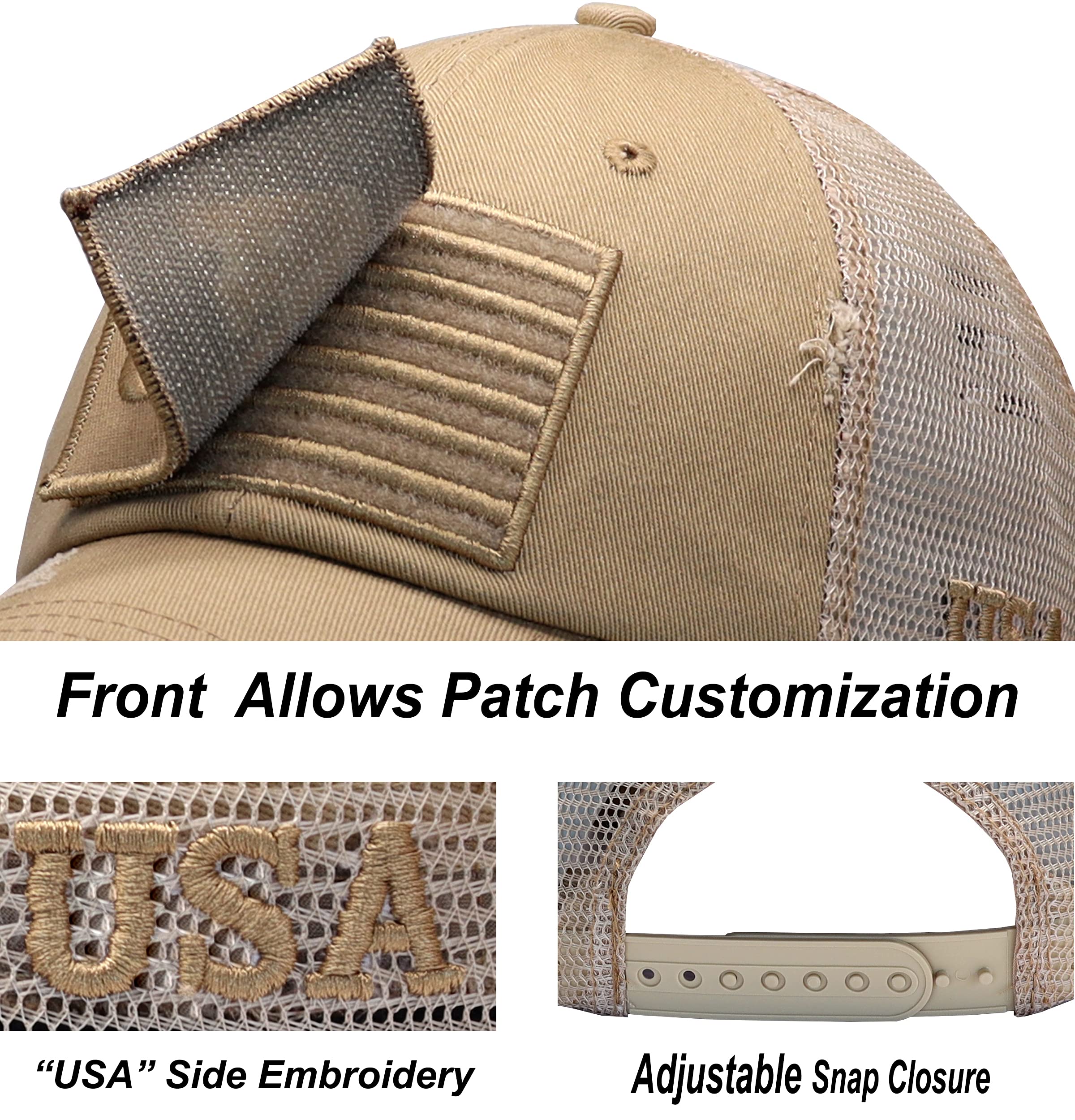 Antourage American Flag Unconstructed Hat for Men and Women Twill Mesh Snapback Baseball USA Flag Cap + 2 Patriotic Patches ((10) Khaki Distressed Mesh Snapback)