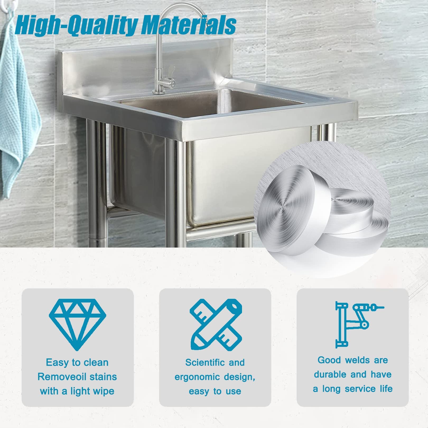 ALEEJA Kitchen Sink, 304 Stainless Steel Single Bowl Sink, Free Standing Prep & Utility Sink, Washing Hand Basin for Restaurant, Laundry, Garden