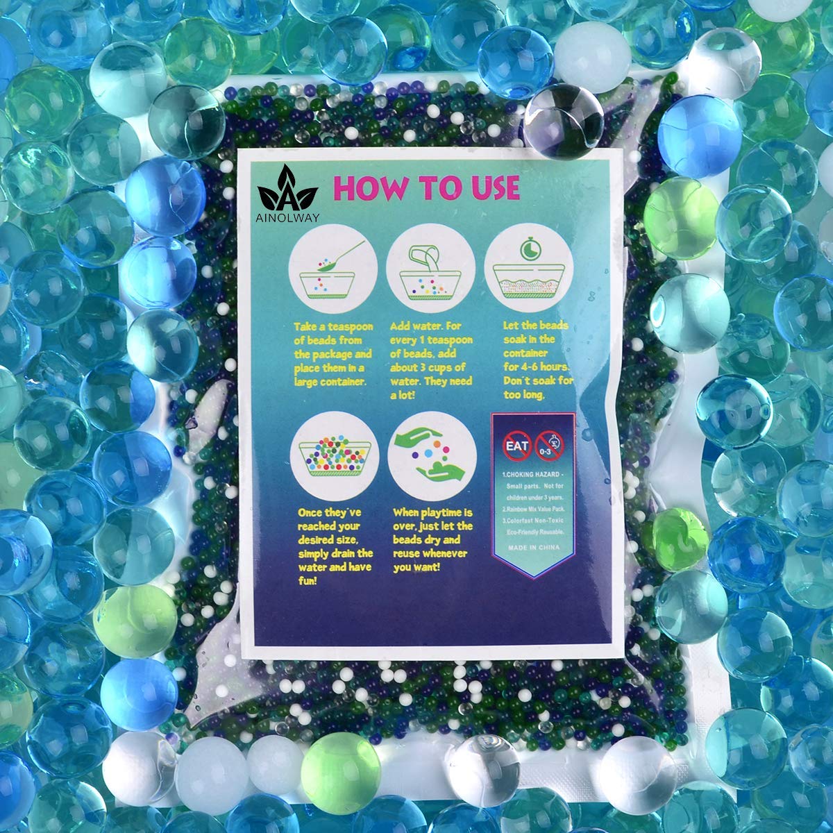 AINOLWAY Water Beads (Half Pound), 30,000 Ocean Water Gel Beads for Vase Fillers - 5 Ocean Colors Crystal(14 year+)