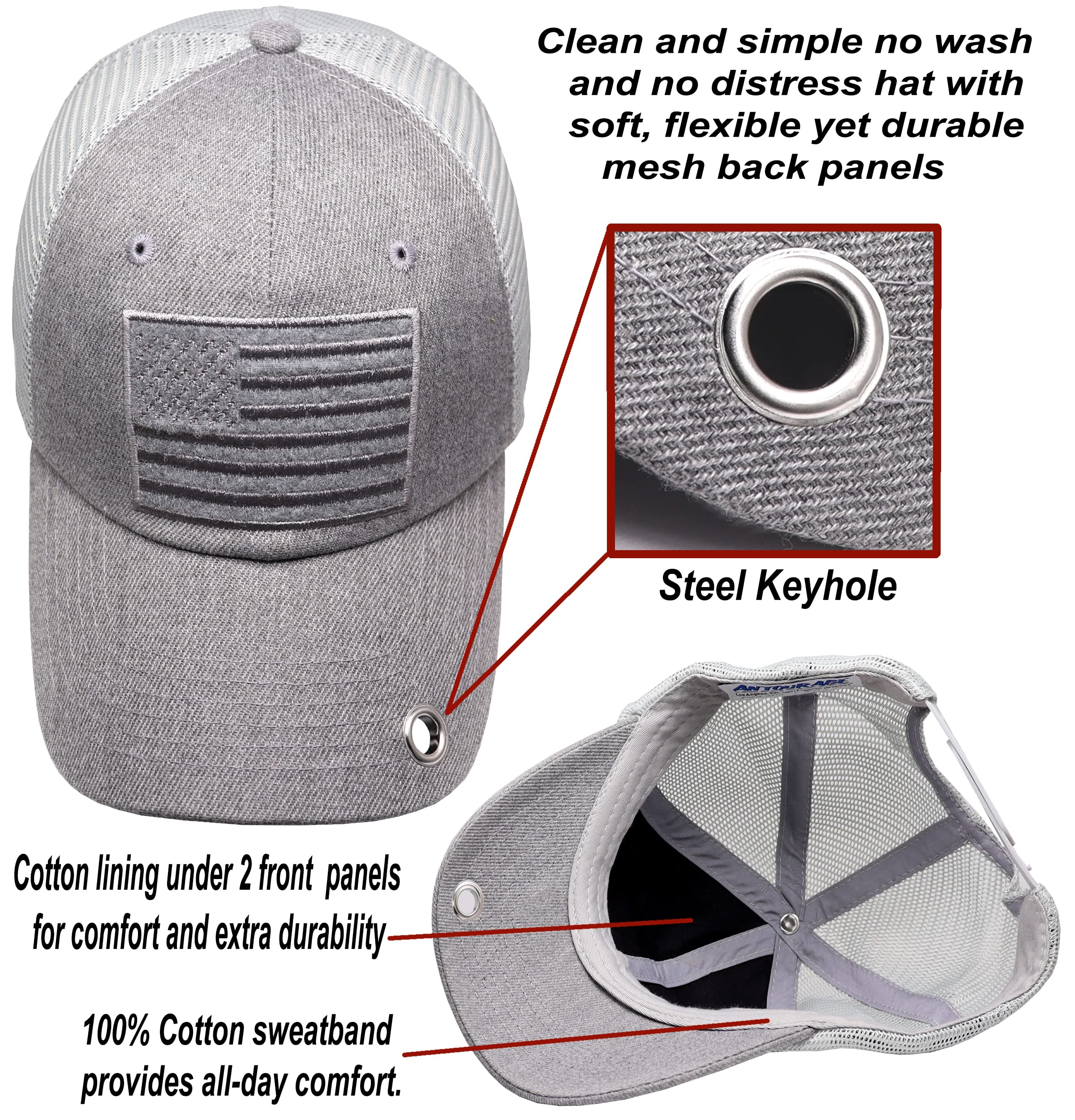 Antourage American Flag Unconstructed Hat for Men and Women Twill Mesh Snapback Baseball USA Flag Cap + 2 Patriotic Patches ((52) Grey Classic Mesh Snapback with Keyhole)