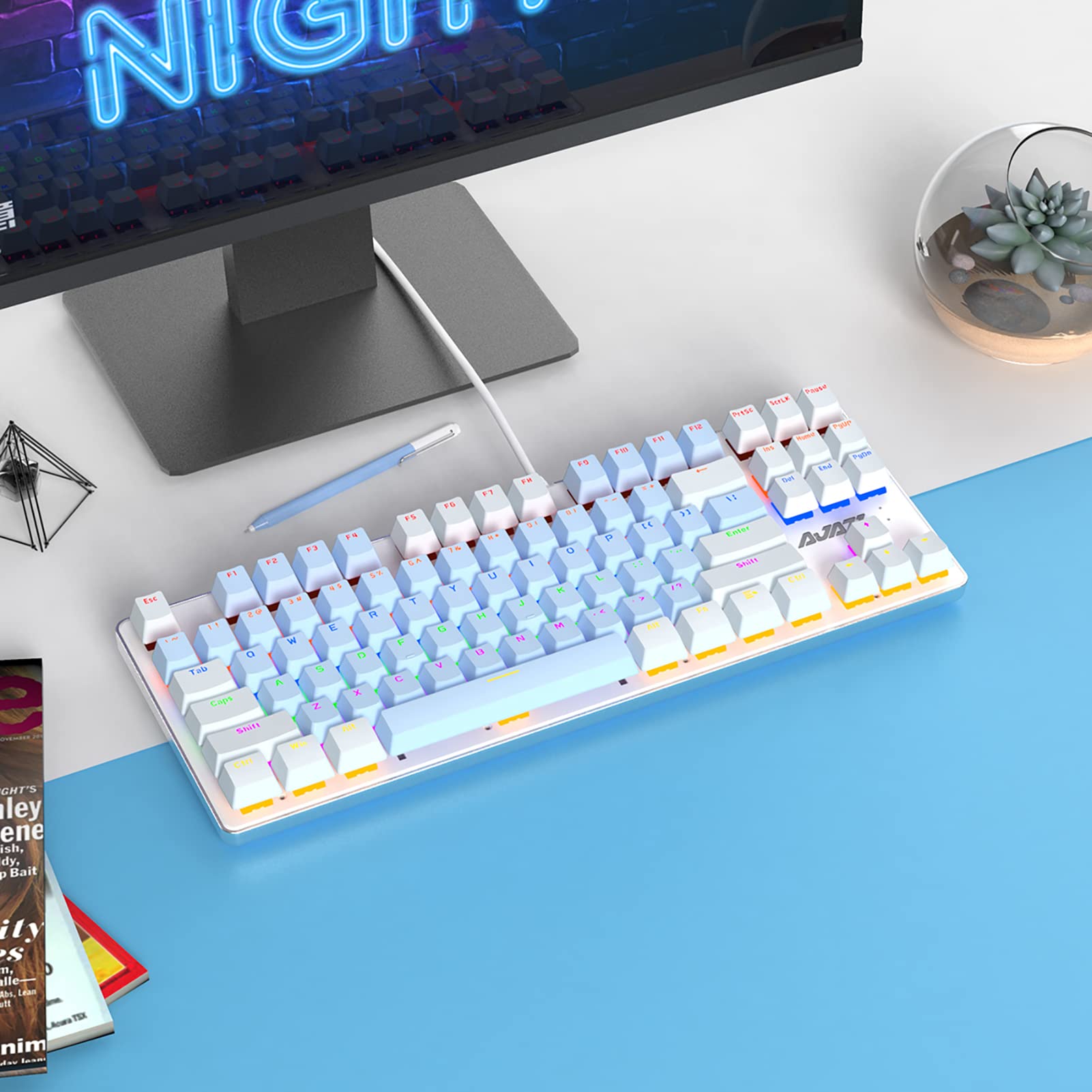 Ajazz AK40 Wired Mechanical Keyboard, 87-Keys Compact Mechanical Gaming Keyboard with Anti-ghosting Keys, Small and Portable (Blue&White, Black Switch)