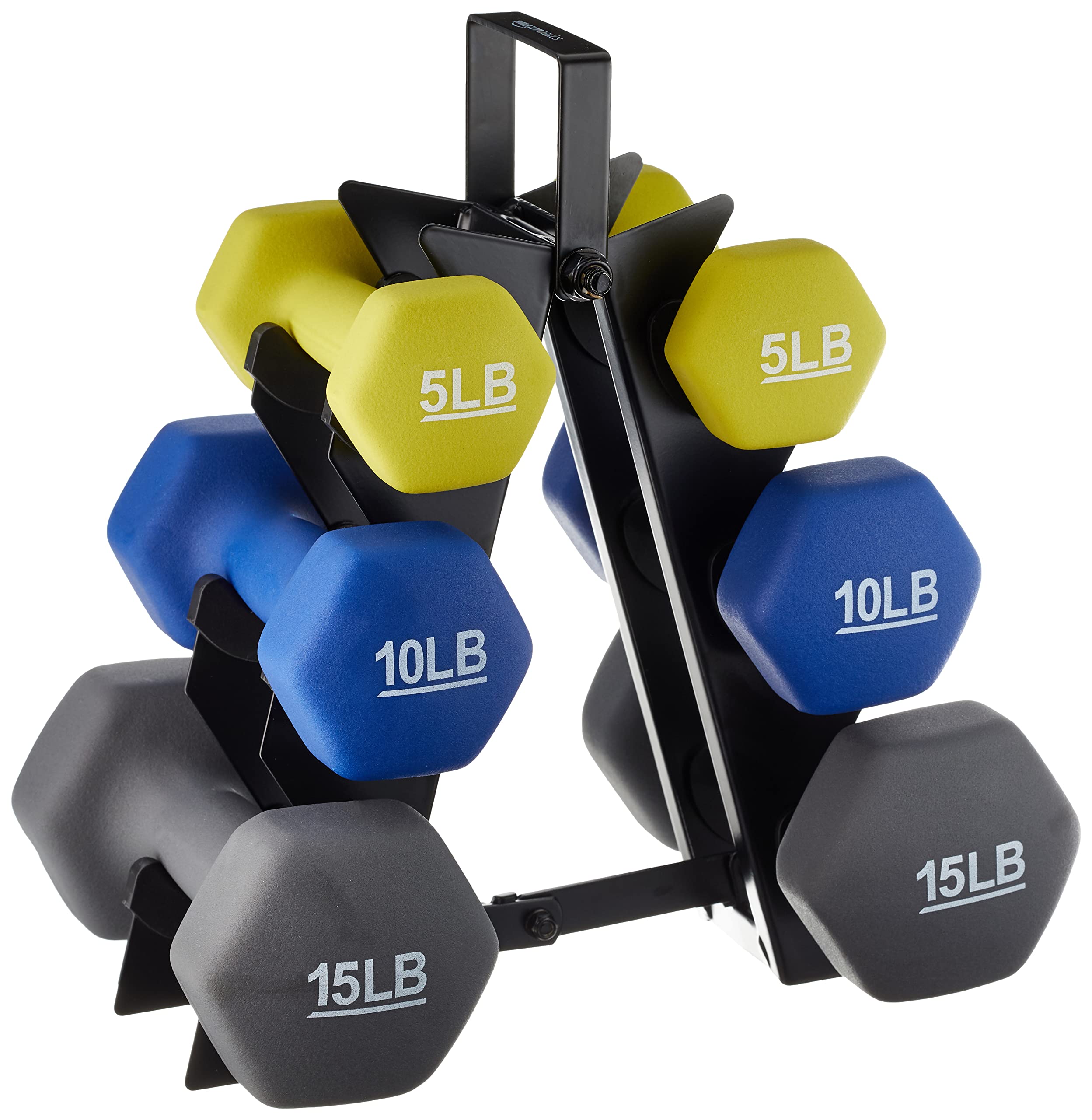 Amazon Basics Neoprene Dumbbell Hand Weights, Rack with 3 Pairs (5, 10, and 15 pound), Green/Blue/Grey