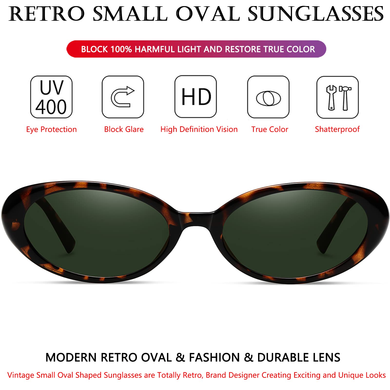 AIEYEZO Retro Oval Sunglasses for Women Fashion Small Oval Frame Sun Glasses 90s Vintage Style Shades (Black + Leopard/Green)