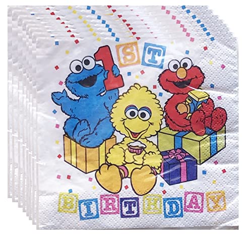 Amscan Sesame Street 1st Birthday Party Supplies Bundle Pack includes 18 Large Lunch Plates and 48 Beverage Cake Napkins (Bundle for 18)