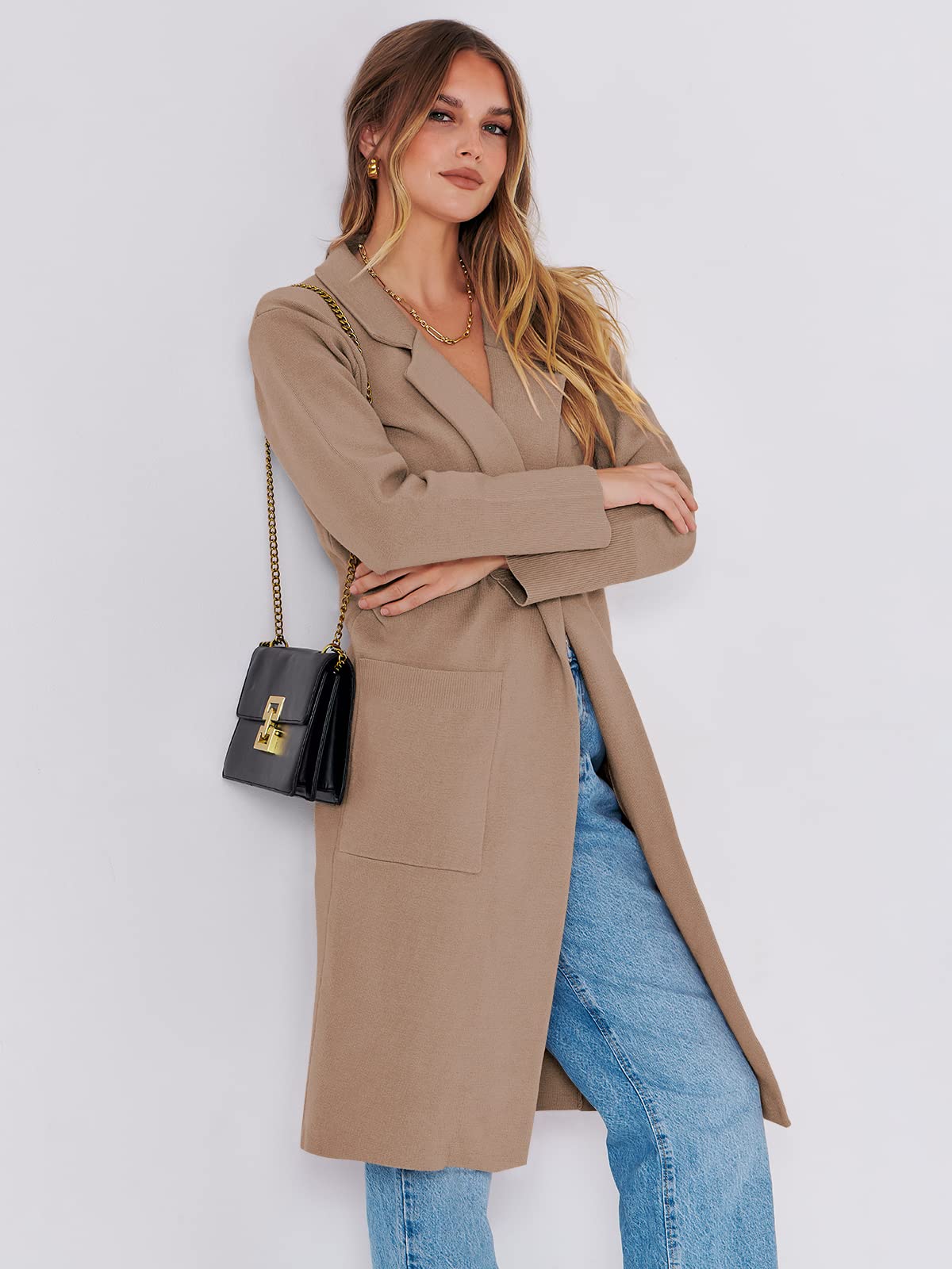ANRABESS Women Cardigan Oversized Open Front Sweater Coat Lady Blazer Jacket Fall Outwear Coatigan 2024 Trendy Outfits Khaki Medium