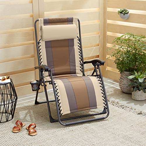 Amazon Basics Outdoor Adjustable Zero Gravity Folding Reclining Lounge Chair With Pillow, Beige, 65" D x 44.1" W x 29.5" H