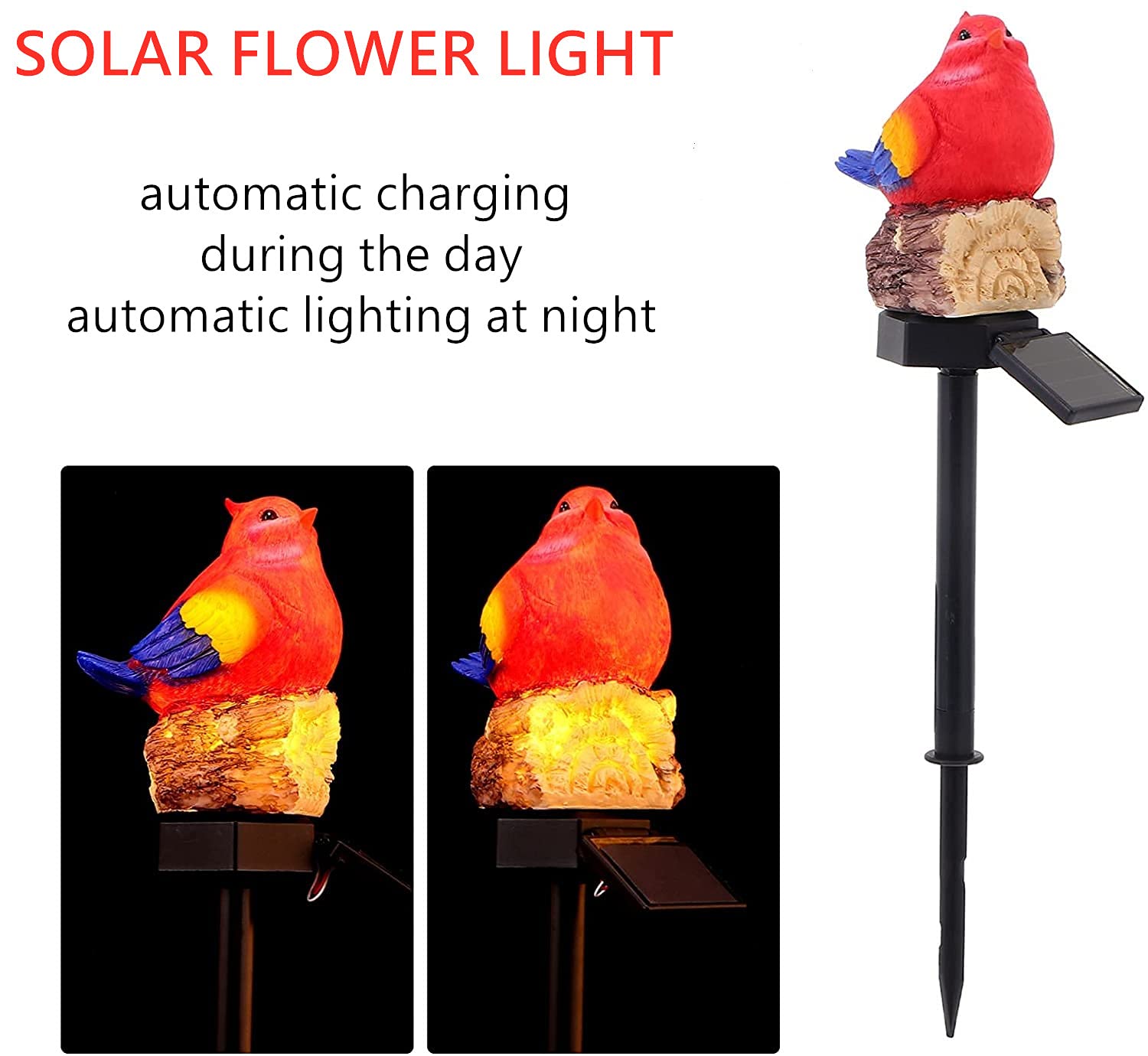 FPlife Technology Solar Bird Lights Fake Bird Decoy Statue Lamp Outdoor Garden Yard Patio Decor Lights-Bird Night Warm Light (Red Bird)