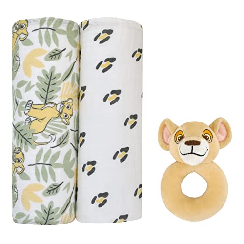 Disney Lion King Simba Yellow, Green, and White 2Pk 100% Cotton 44" x 44" Muslin Swaddles with Plush Rattle
