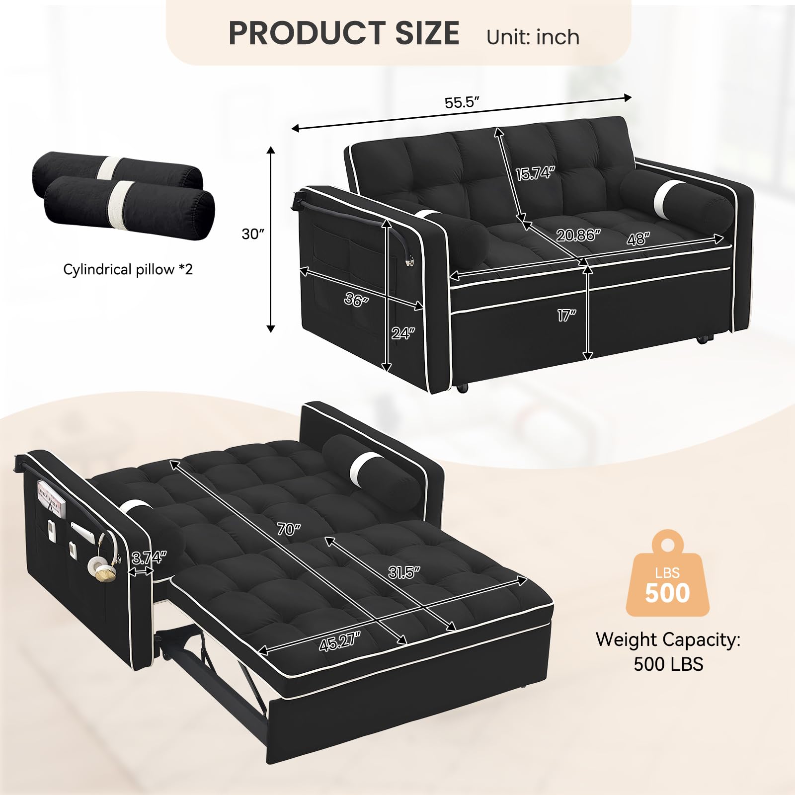 Antetek Upgraded Sleeper Sofa Couch Bed with Phone Holder, 3 in 1 Small Modern Convertible Velvet Loveseat Futon Sofa w/Pullout Bed, Adjustable Backrest for Living Room Apartment, Small Space, Black