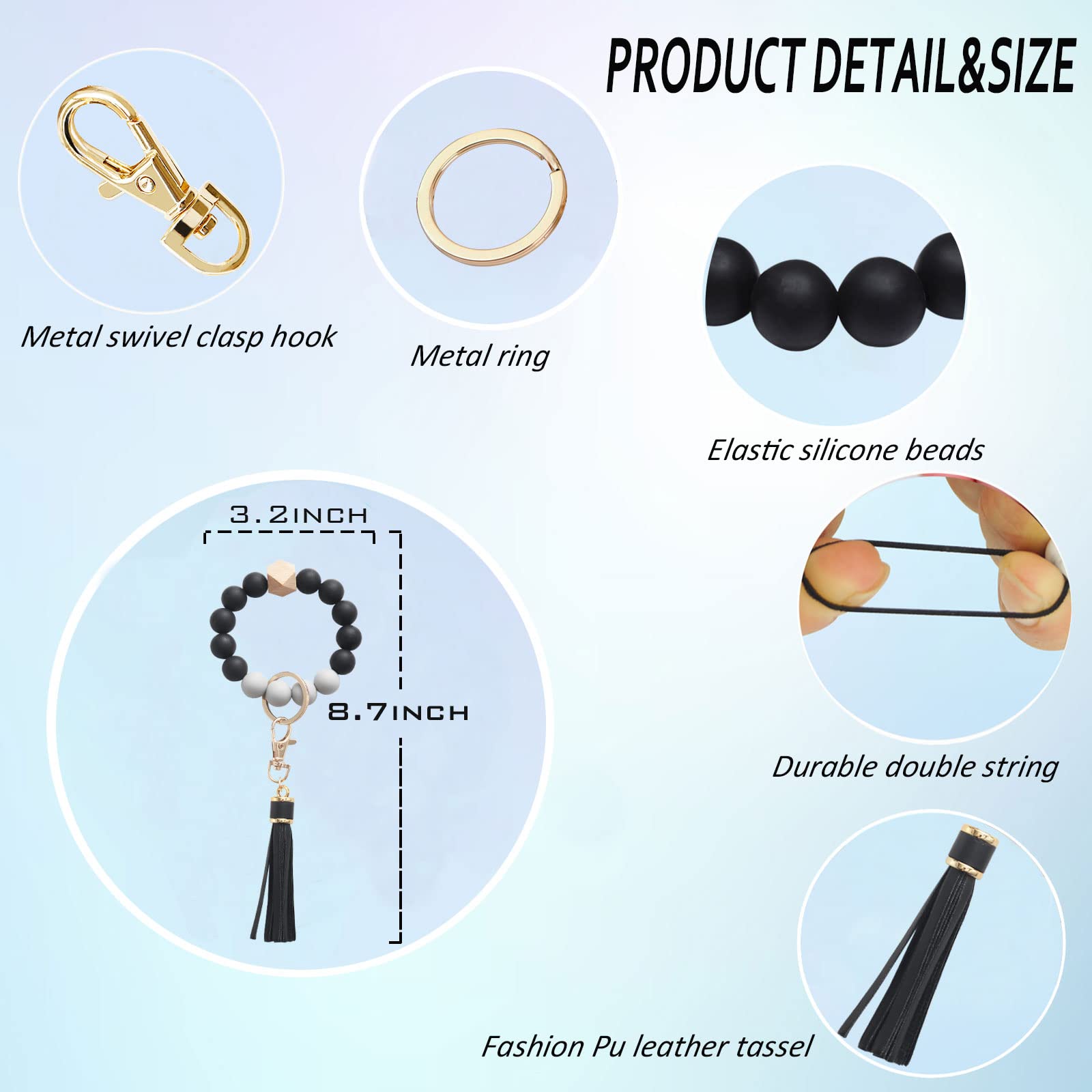 Alysha 2PCS Silicone Beaded Bracelet Keychain, Key Ring Bangle Wristlet Keychain with Leather Tassel for Women/Girls(Cow)