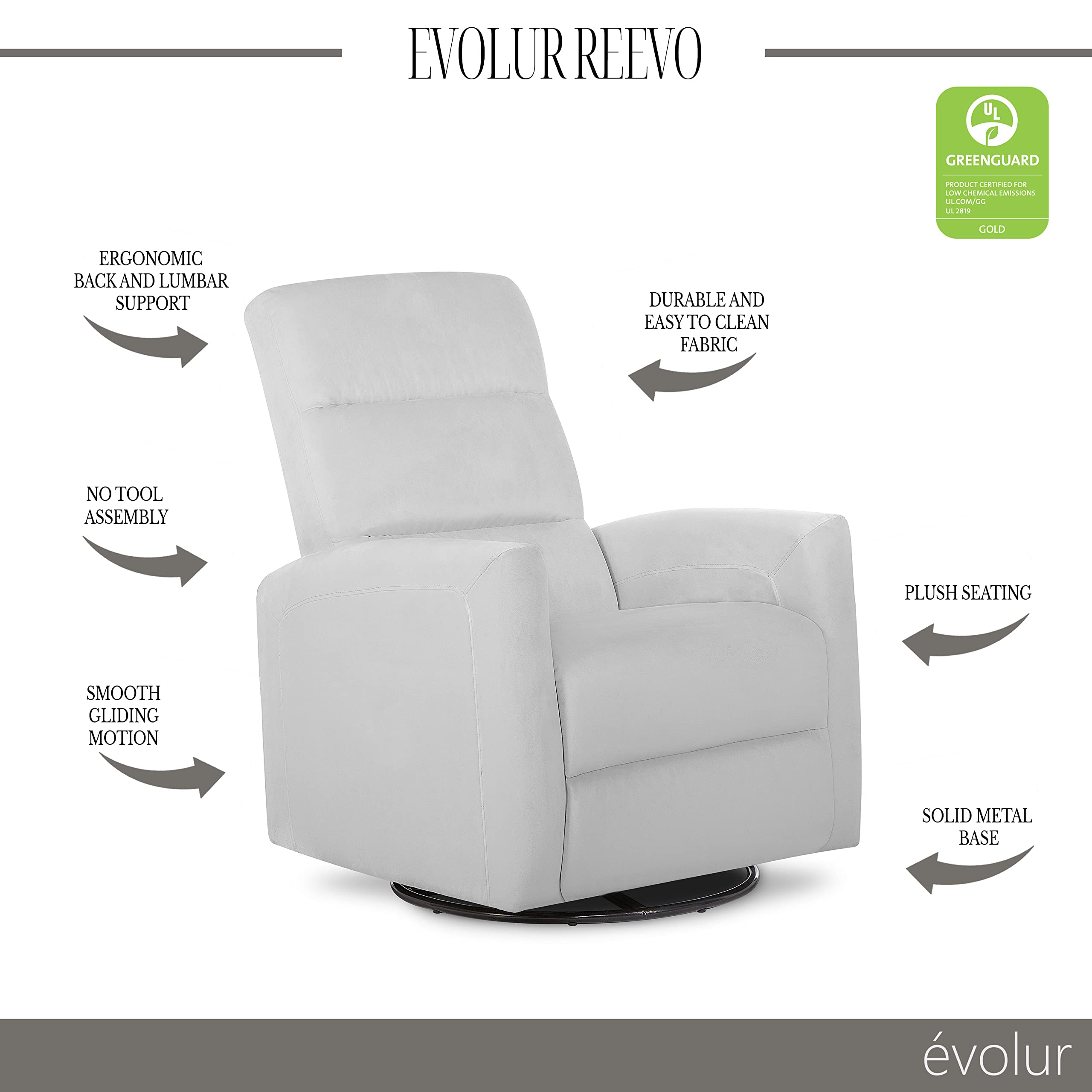 Evolur Reevo Upholstered Faux Leather Seating Glider Swivel in Misty Grey, Glider Chair for Nursery, Greenguard Gold Certified, Tool-Free Assembly, Easy to Clean