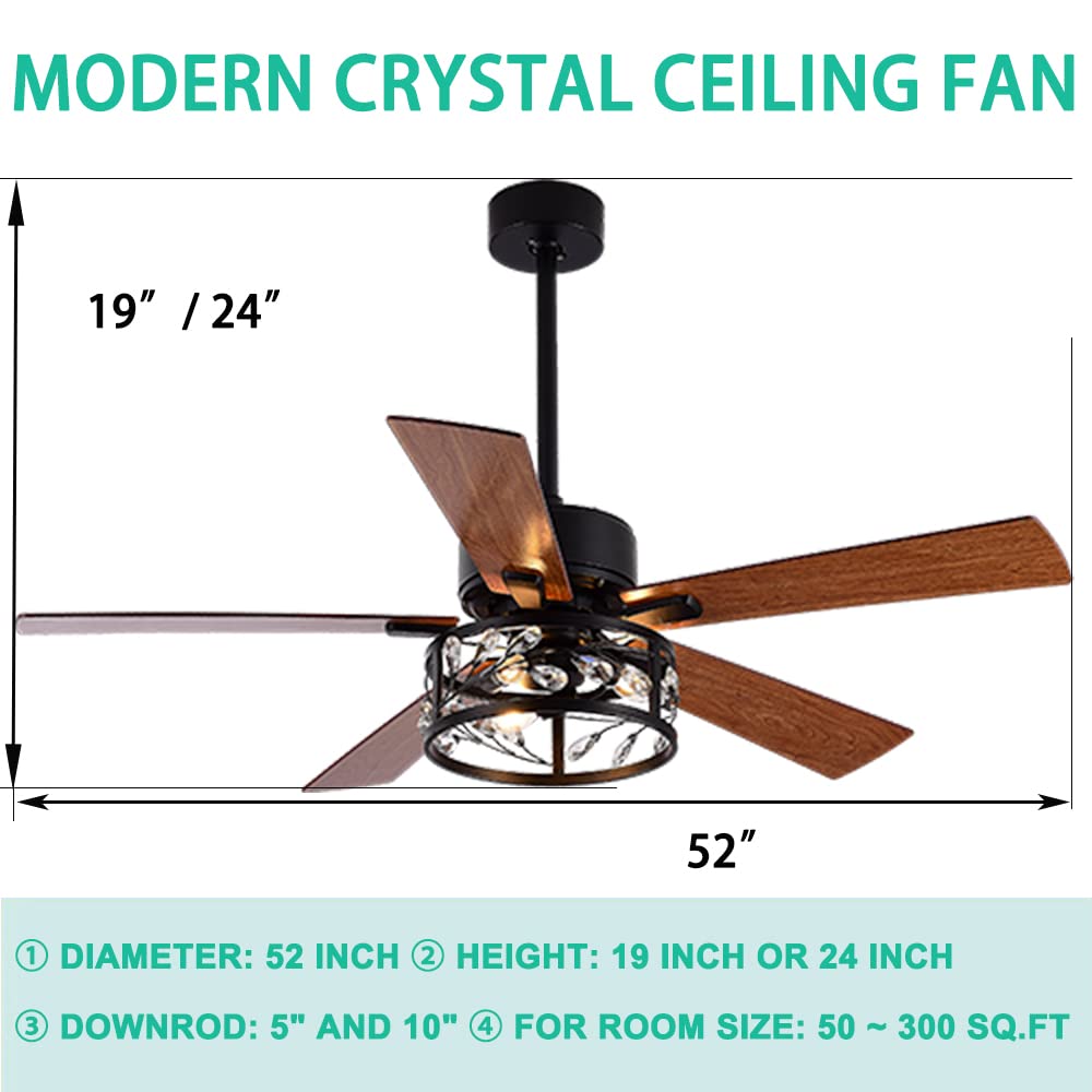ANFERSONLIGHT 52" Crystal Ceiling Fan with Light - Vintage Industrial Style, Noiseless, Remote Control, Reversible Motor, 3 Speeds - Perfect for Living Room, Bedroom & Dining Room - Black Finish