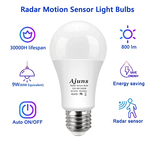 Ajuns Motion Sensor Light Bulbs 10W (100W Equivalent) Motion Activated Dusk to Dawn LED Bulb, Cool White 6000K Outdoor Indoor Sensor Security Light Bulbs, E26 Base, 2Pack