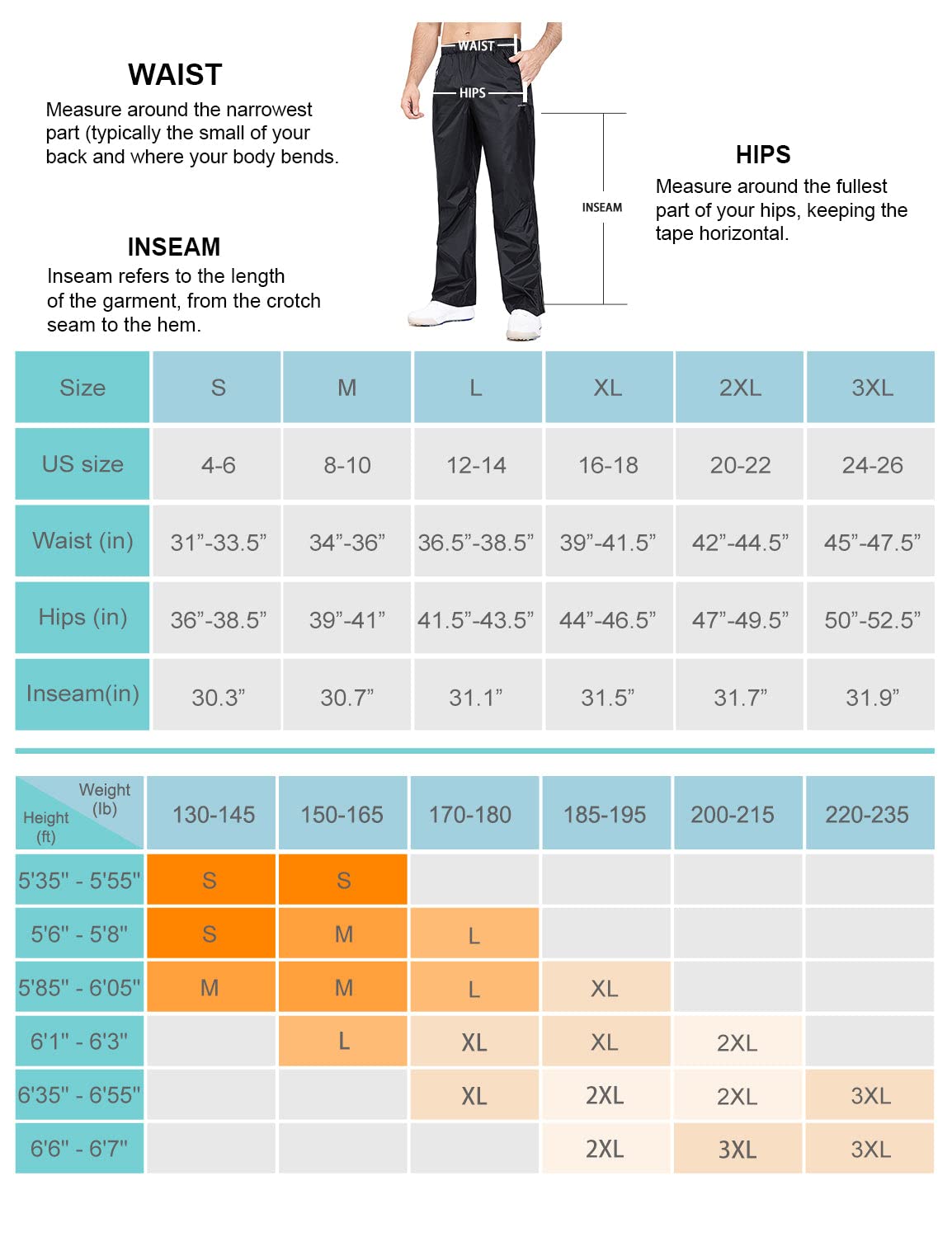 BALEAF Men's Golf Rain Pants Waterproof Zip Legs Lightweight Breathable Pockets Black Medium
