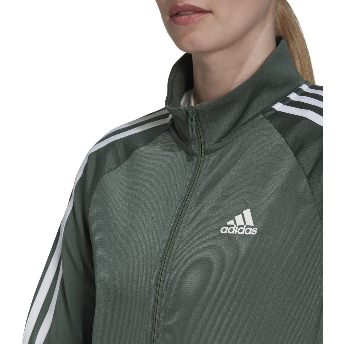 adidas Women's Essentials Warm-Up Slim 3-Stripes Track Jacket, Green Oxide/White, X-Large