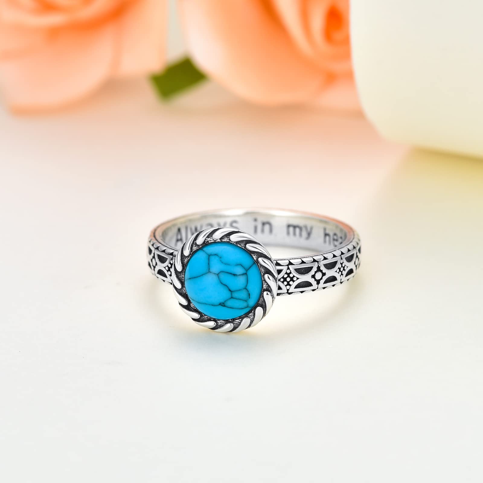Althum 925 Sterling Silver Vintage Round Shaped Created Turquoise Ring Always in My Heart Ring Jewelry (Size 8)