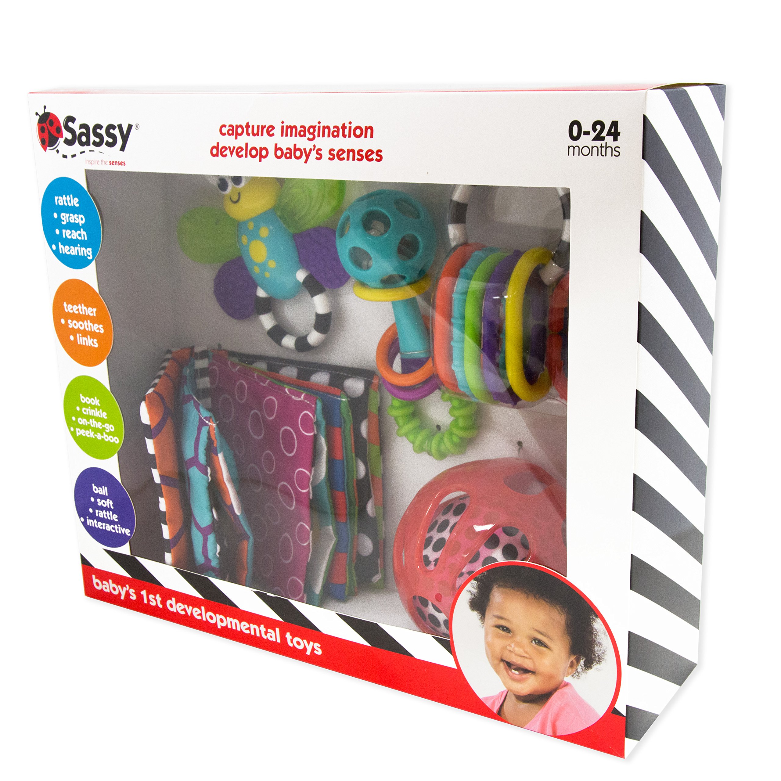 Sassy Baby’s First Developmental Gift Set - Includes Peek-a-Boo Soft Book, Teether, 9 Piece Ring O’ Links, Squish & Rattle Ball and Peek-a-Boo Beads Rattle - Ages 0+ (80764)