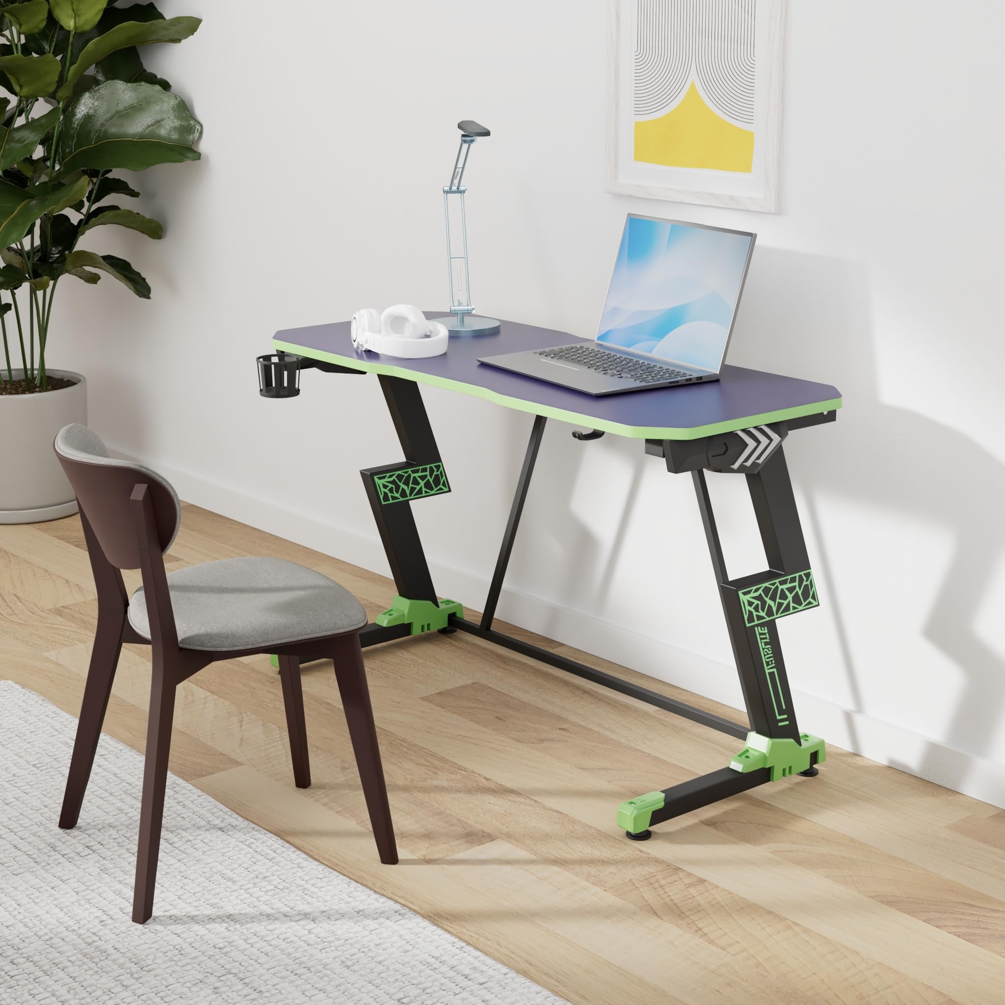 FUSLITE 63 Inch Gaming Desk, with Carbon Fiber Surface, Lightning-Shaped PC Computer Table, with Headphone Holder, Cup Holder, Cable Management Box, Gaming Table for Gamer, Black&Pink