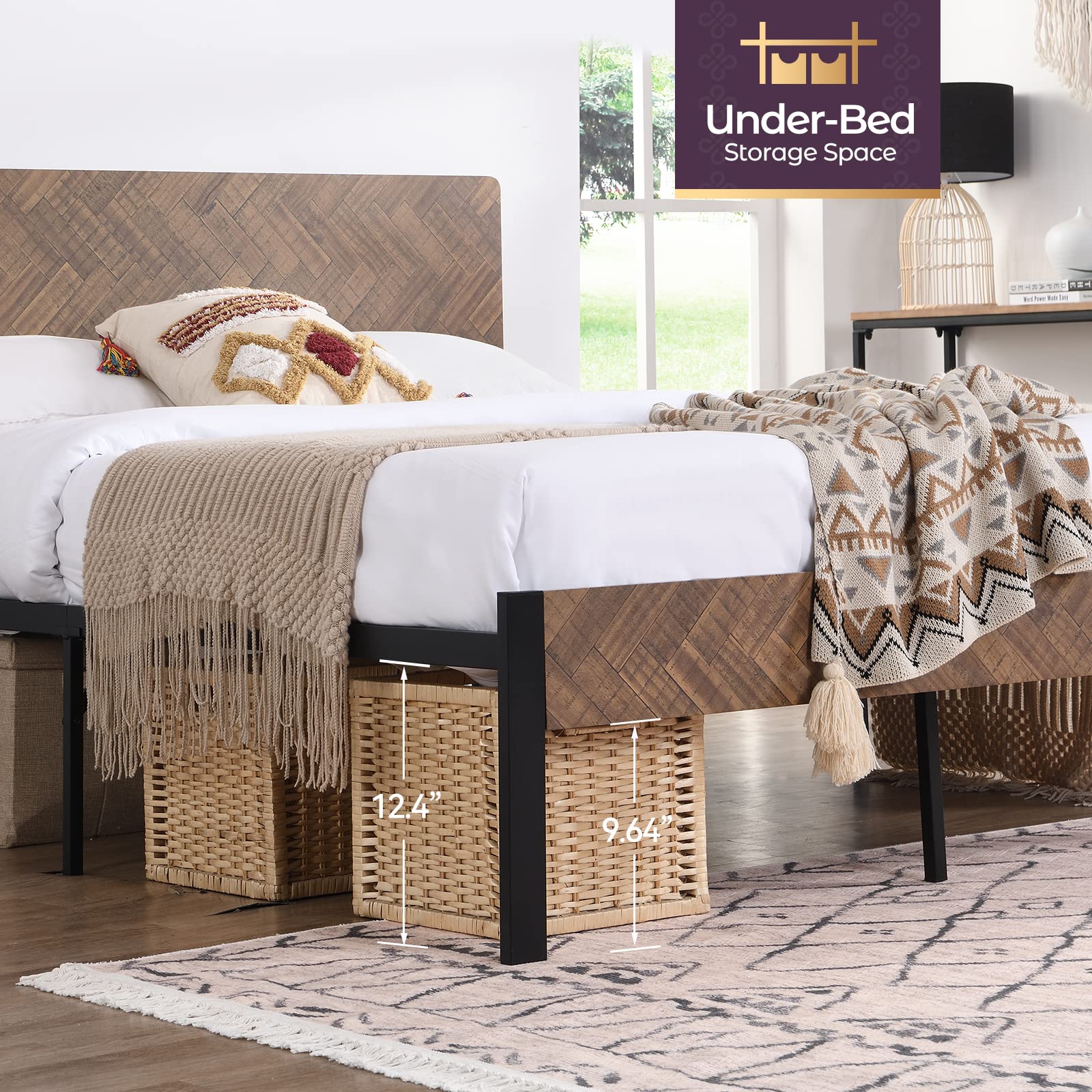 ANITA Twin Size Bed Frame with Wood Headboard, High Profile Platform Bed Frame 12.4 inch Storage Underneath/Metal Slat Support/Rustic Boho Style