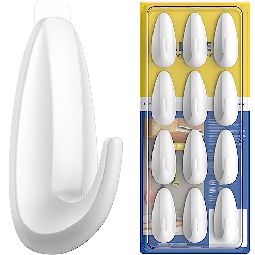 ALOCEO 12 Pcs Wall Hooks,Self Adhesive Hooks with 13 Clear Strips,White Plastic Sticky Hooks for Hanging,Towel Coat Hooks for Bathroom Shower Kitchen Keys Door Outdoor Home Improvement