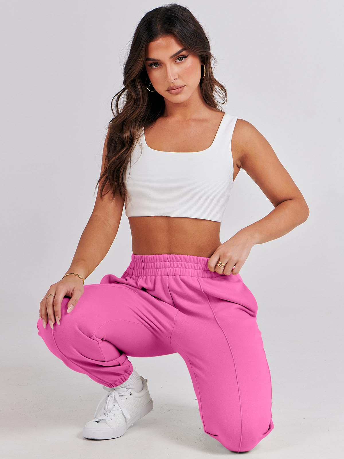 ANRABESS Women's High Waist Sweatpants Workout Athletic Joggers Pants Baggy Lounge Cinch Bottoms with Pockets 2024 Fall Hot Pink X-Large