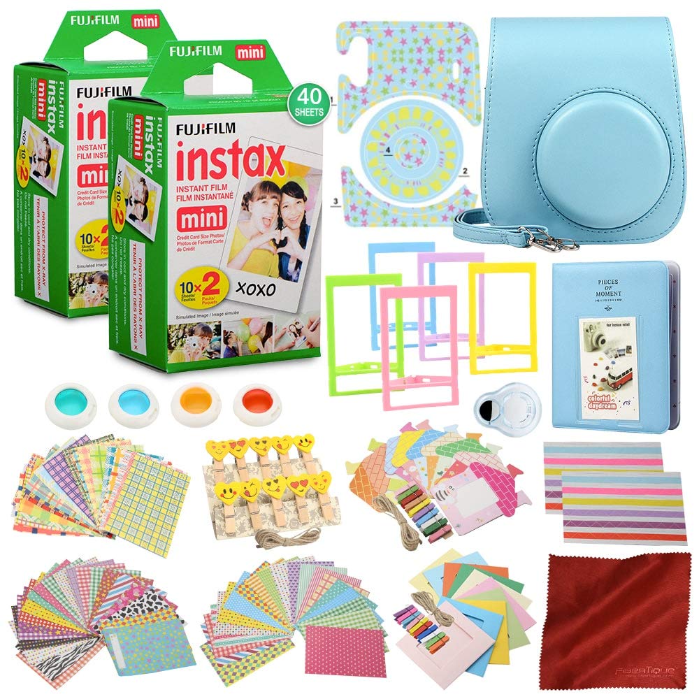 FUJIFILM Instax Mini 11 (Sky Blue) 168 Piece Accessory Bundle w/FUJIFILM INSTAX Mini Instant Film (40 Exposures) Camera Case w/Strap, Selfie Lens, Album, Stickers, Frames & More
