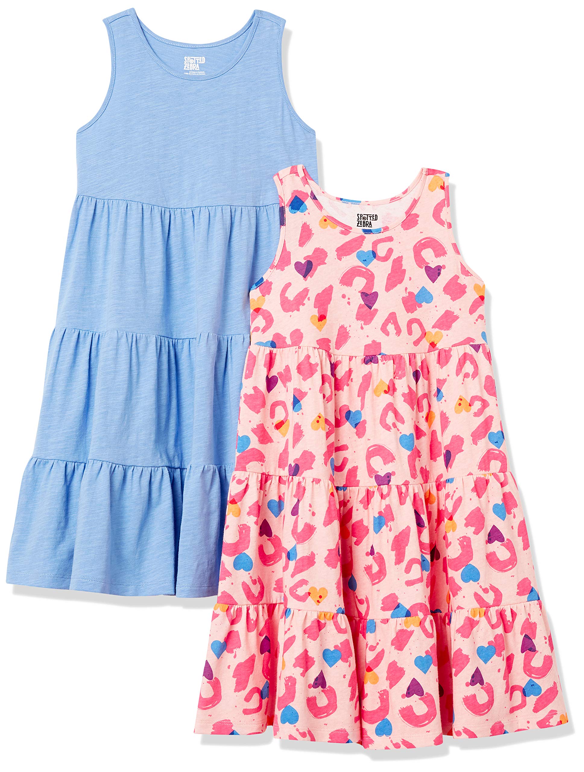 Amazon Essentials Girls' Knit Sleeveless Tiered Dresses (Previously Spotted Zebra), Pack of 2, Blue/Pink Leopard, Small